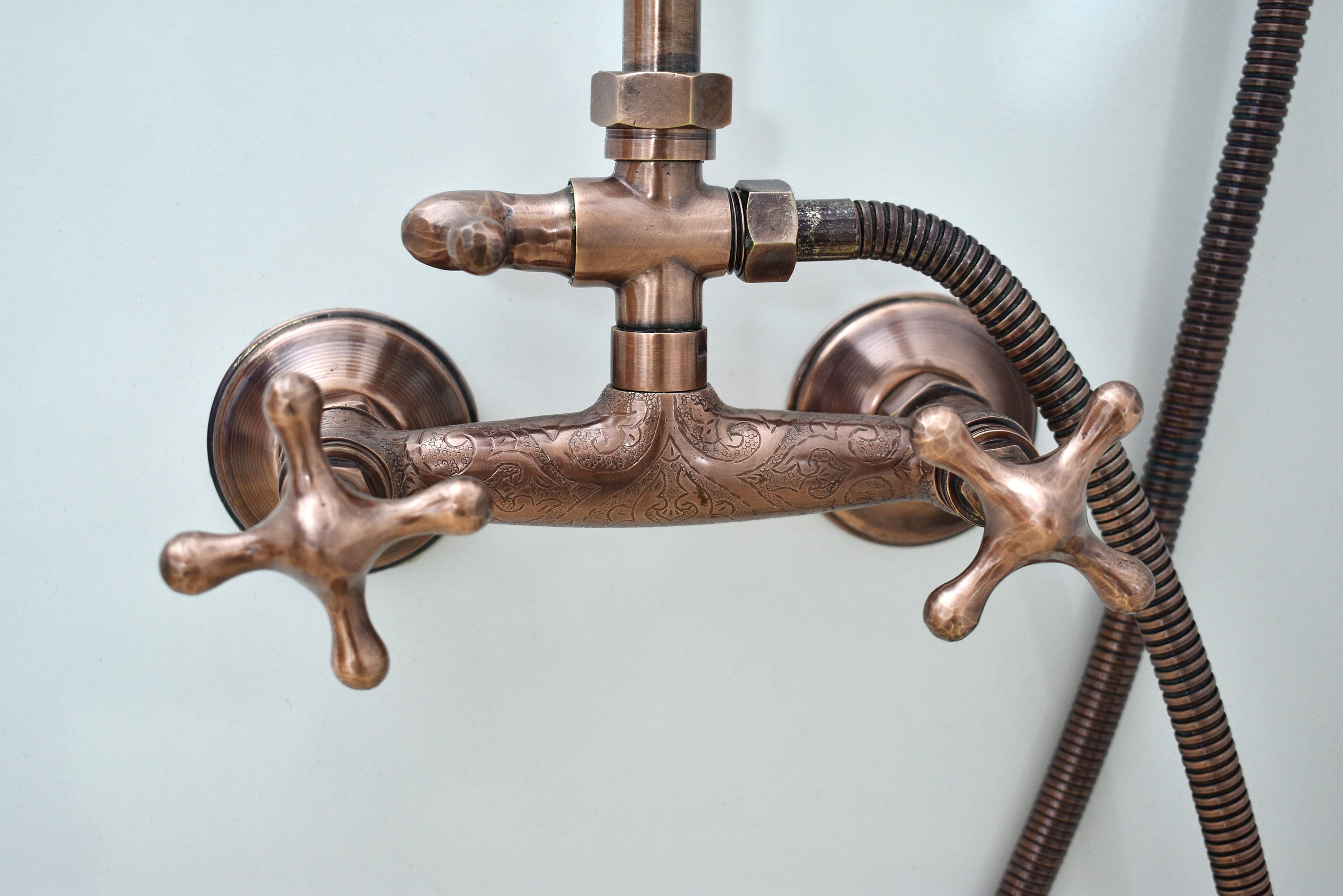 Exposed Copper Shower System, Round Copper Shower Head, Combo Handheld ...