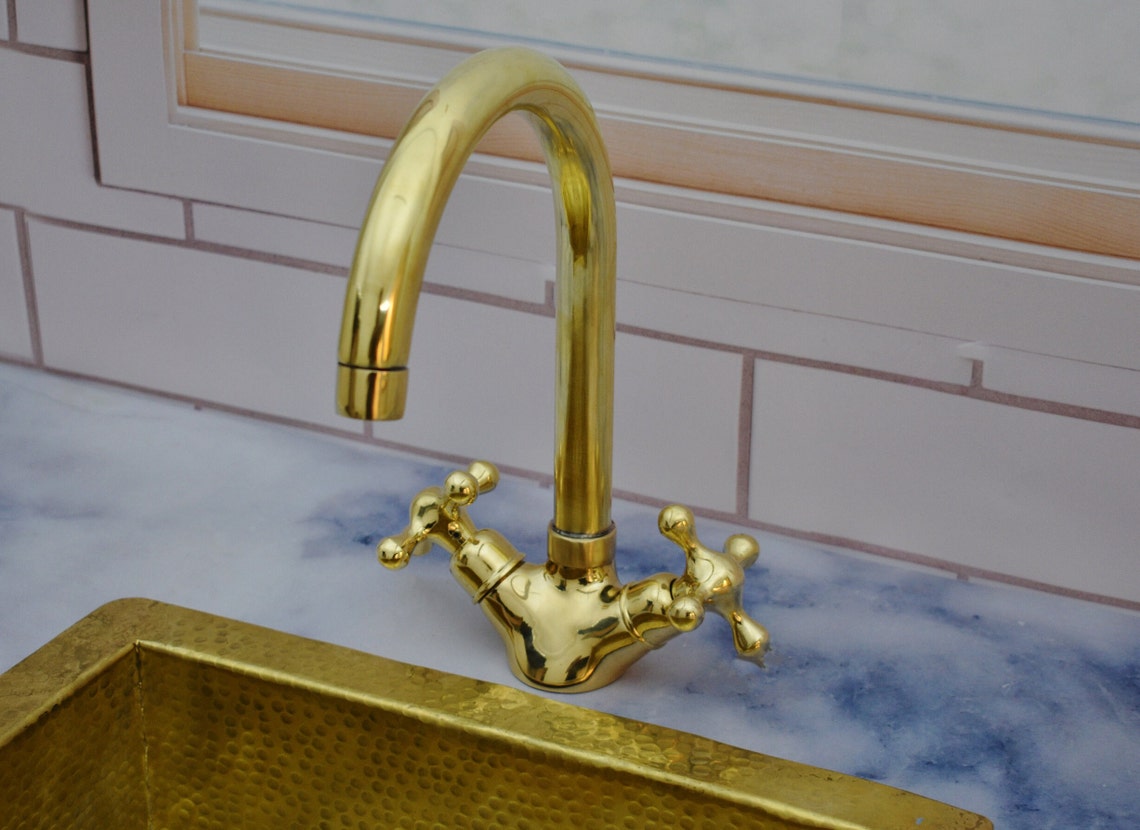 Unlacquered Brass Gooseneck Sink Faucet, Brass Handmade Swan Neck ...