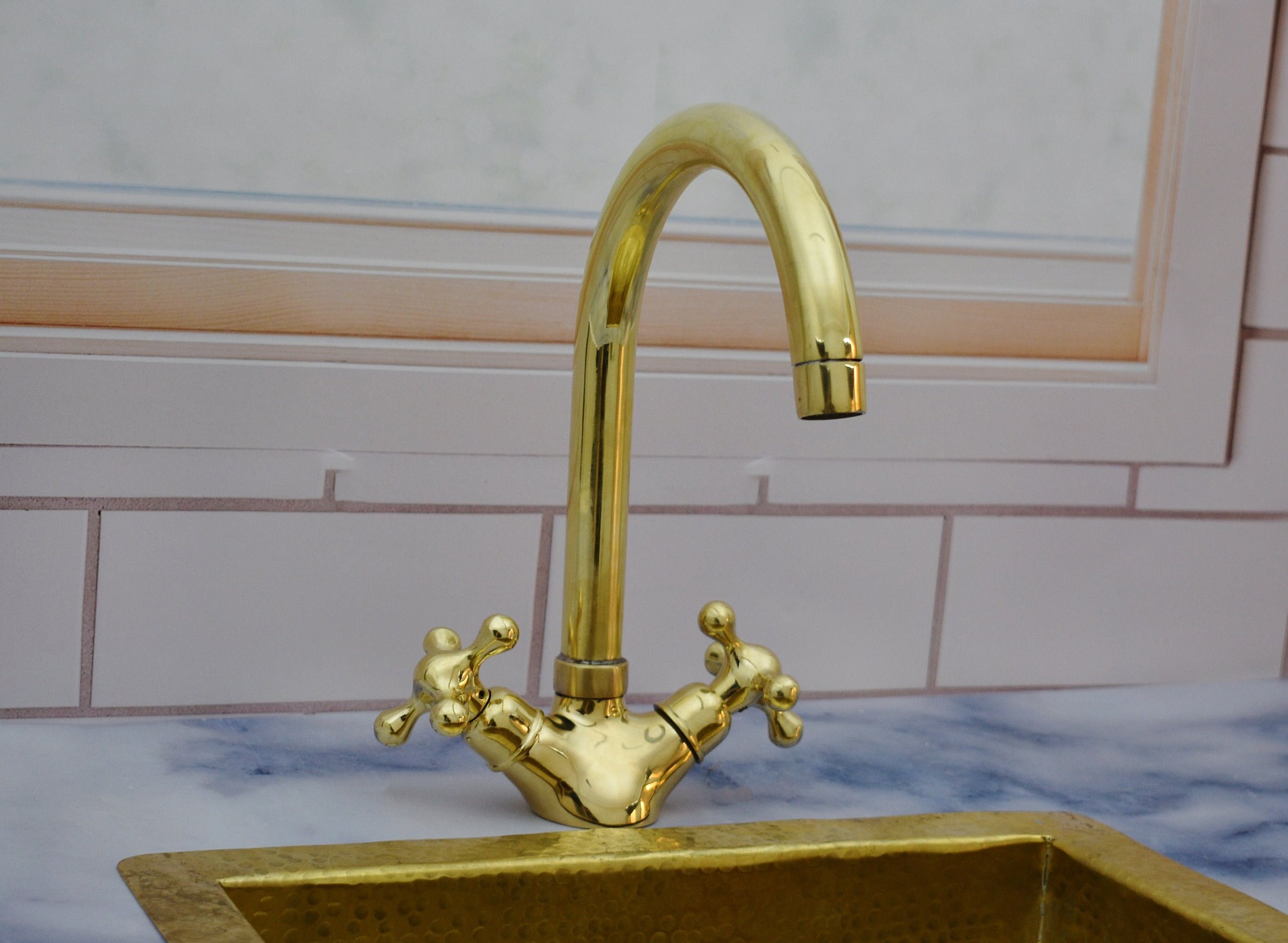 Unlacquered Brass Gooseneck Sink Faucet, Brass Handmade Swan Neck ...