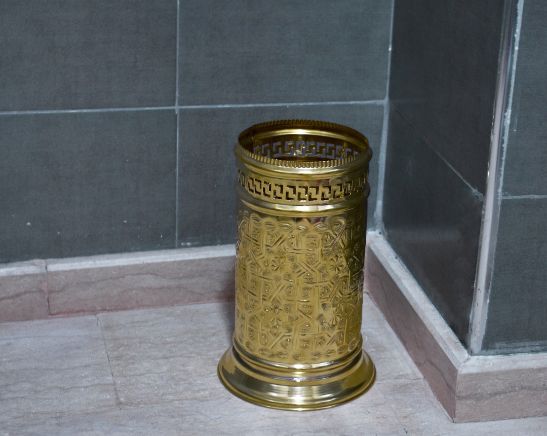 Unlacquered Brass Trash Can, Brass Waste Basket, Engraved Brass Waste ...