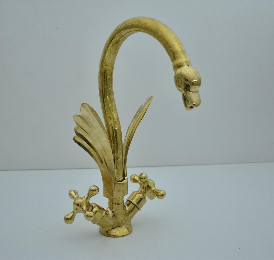 Unlacquered Brass Bathroom Faucet With Engraved Gooseneck Spout, Duck ...