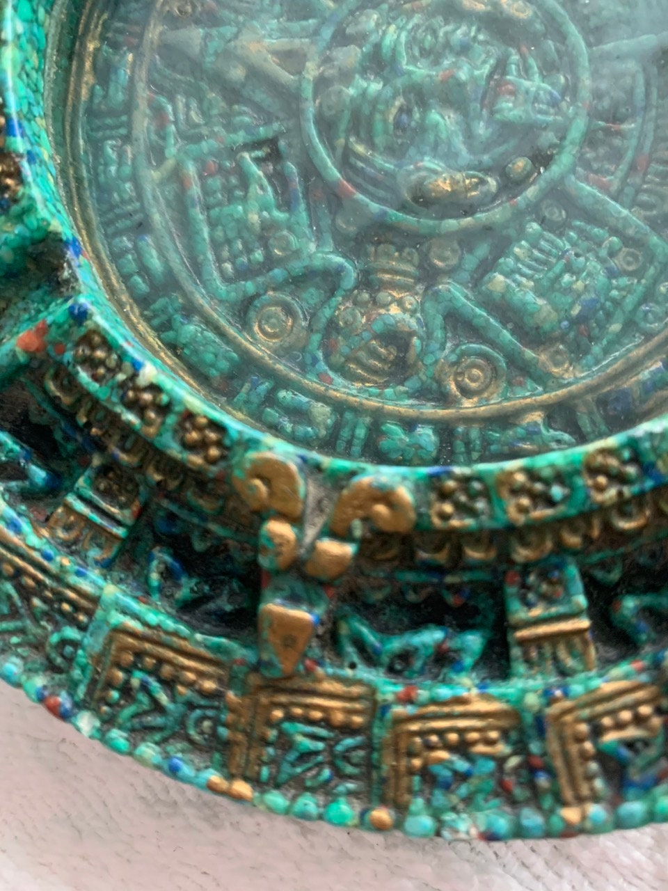 Vintage Green Malachite Ashtray Handmade Aztec Mayan Calendar Design ...