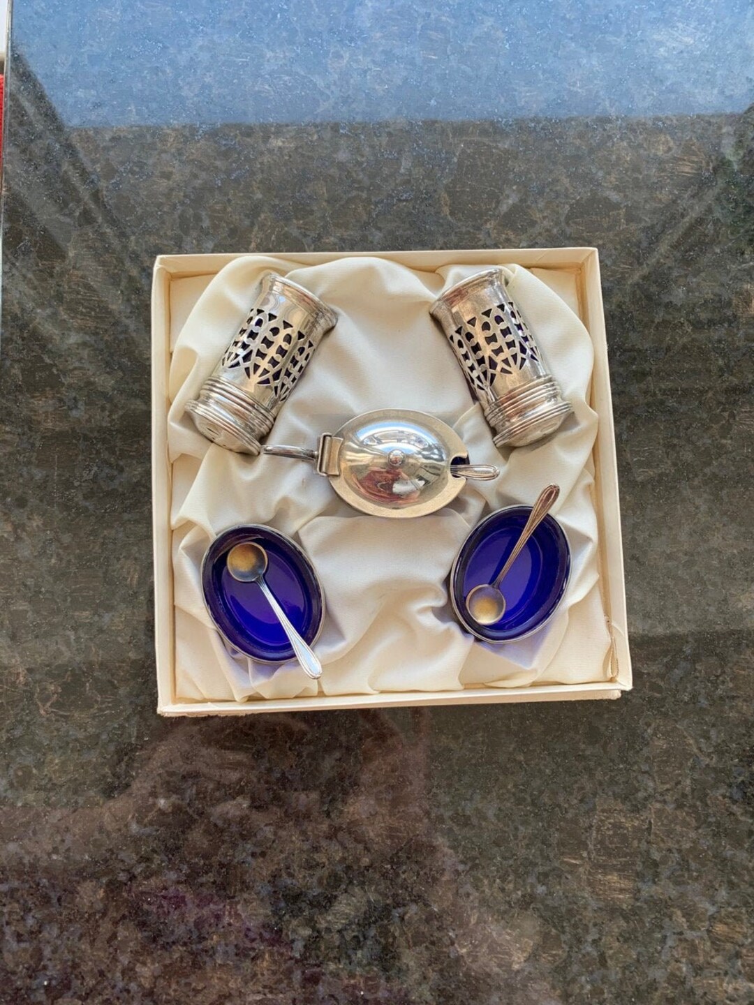 Roden Brothers Sterling Silver Miniature Cruet Set With Blue Glass ...