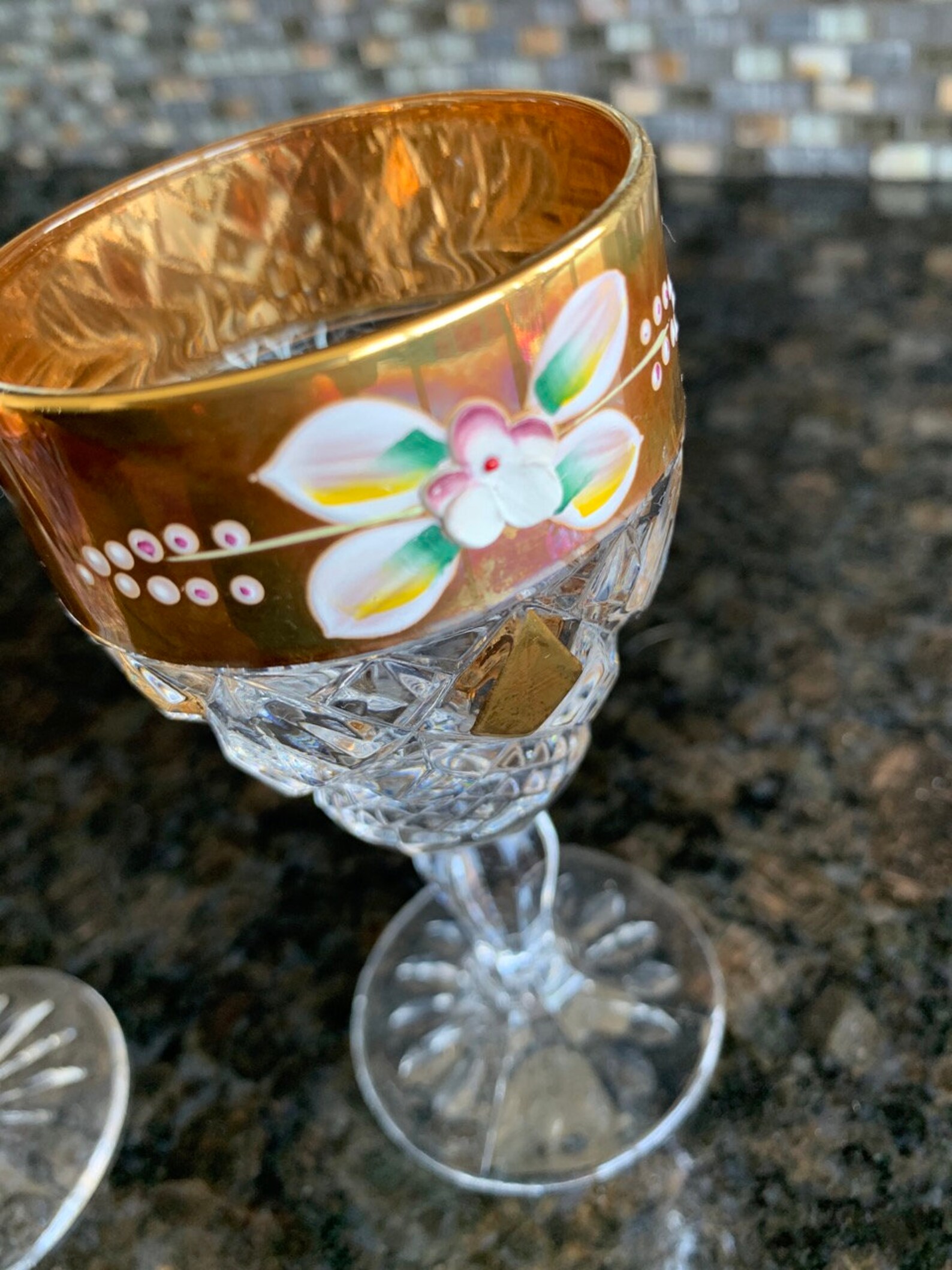 Vintage Bohemian Czech Crystal Stemware Hand Painted Enamel Gold Gilded ...