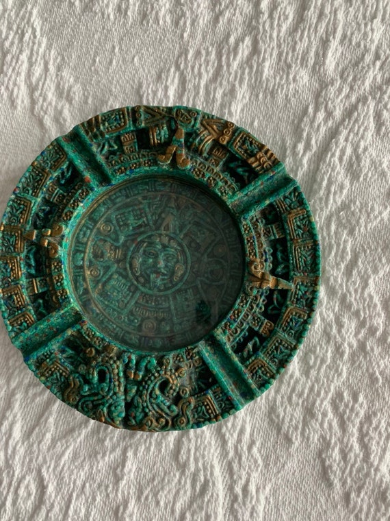 Vintage Green Malachite Ashtray handmade Aztec Mayan Calendar | Etsy
