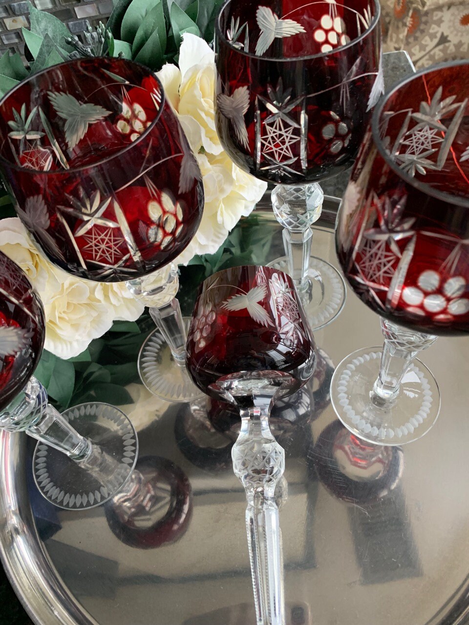 VINTAGE AJKA MARSALA Ruby Cut to Clear Hock Crystal Wine Glasses Cut ...