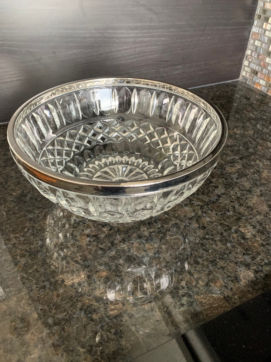 Vintage 1960s Cut Crystal Glass Silver Plate Rim Bowl, Made in England ...