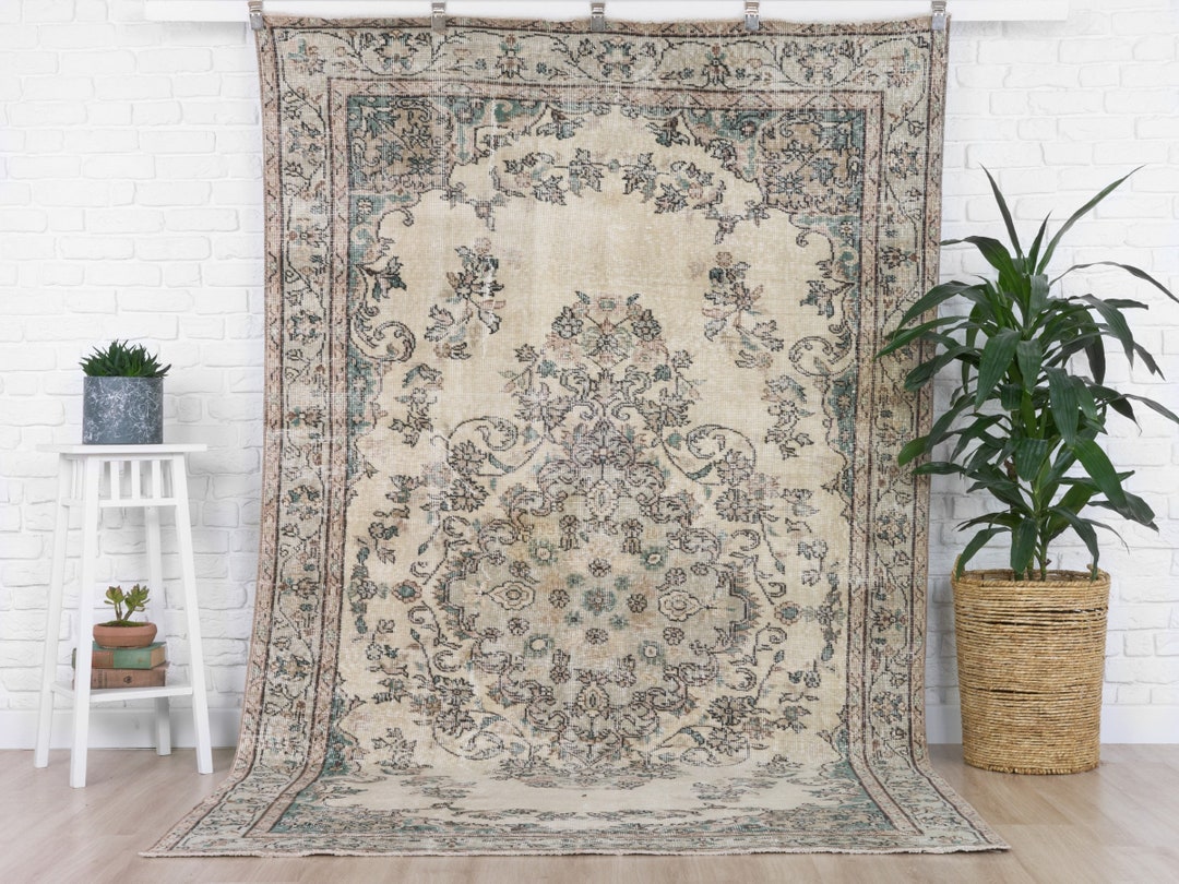5x9 Vintage Rug, Beige Turkish Area Rug, Ivory Rug, Wool Anatolian ...