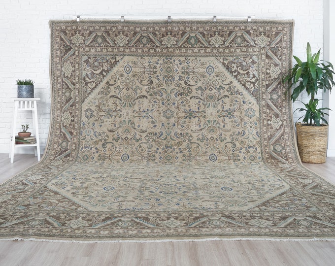 10x13 Vintage Rug, Beige Rug, 10x13 Oushak Rug, Oversized Rug, Living ...