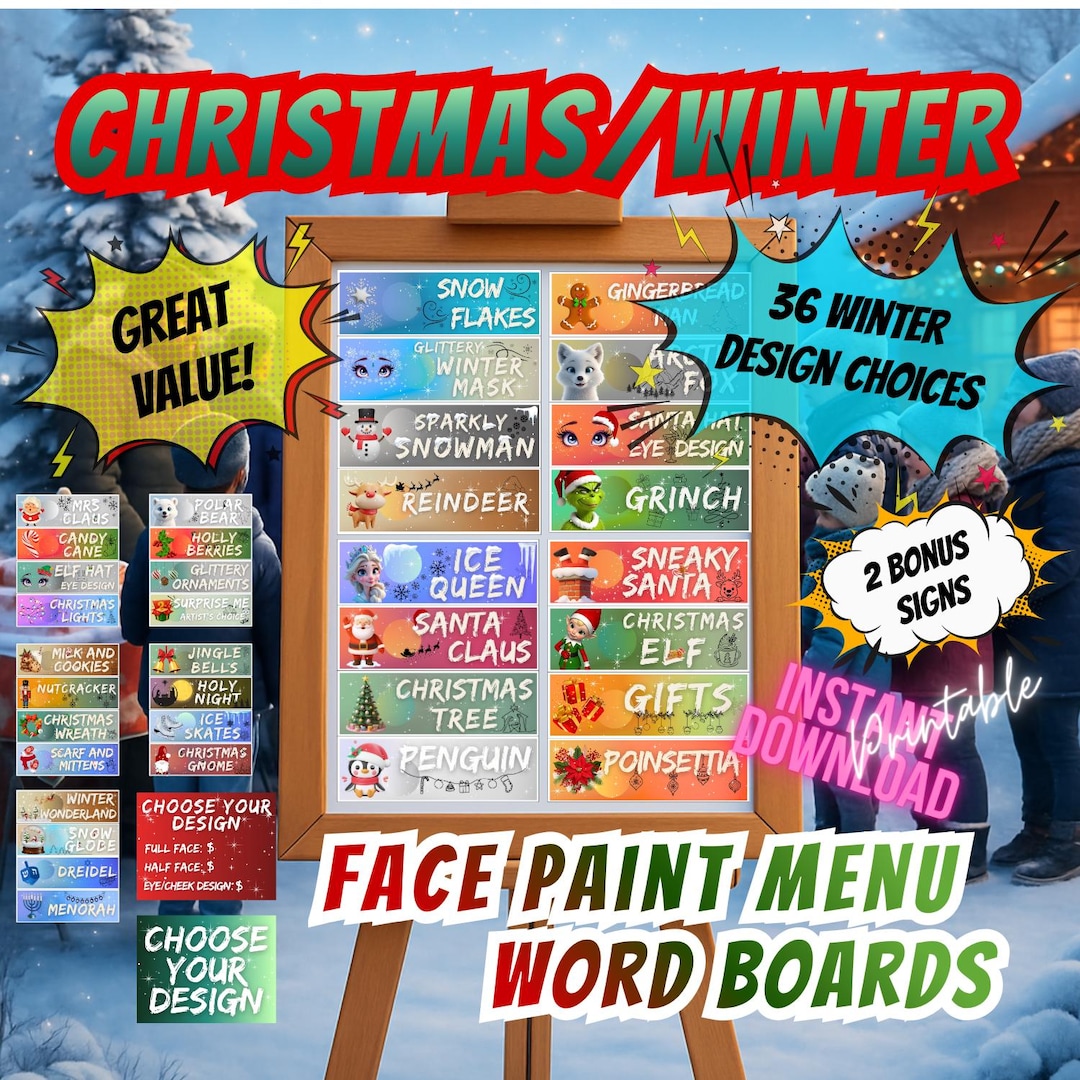 Christmas, Winter Holiday Face Paint Word Menu: 36 Designs, Choice ...