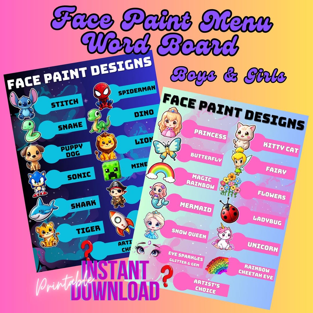 Face Paint Menu Board: Boys & Girls Designs (digital Download) - Etsy UK