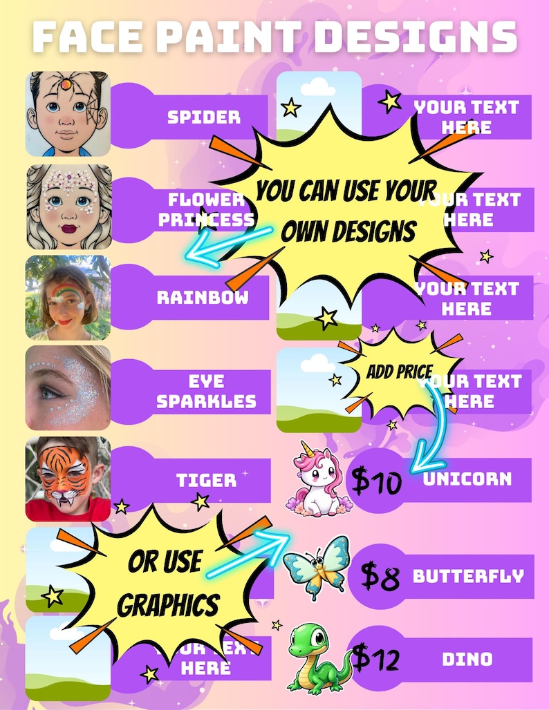 Face Paint Menu Template: Customizable Display Board With 40 Bonus ...