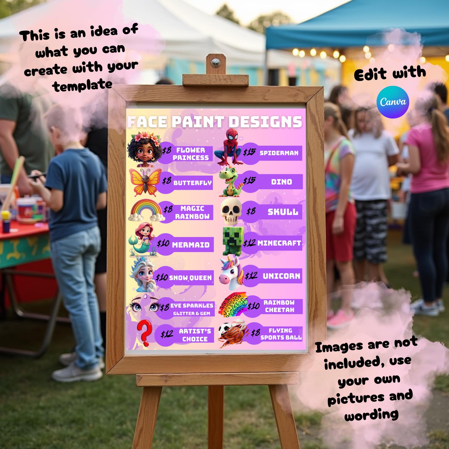 Face Paint Menu Template: Customizable Display Board With 40 Bonus ...