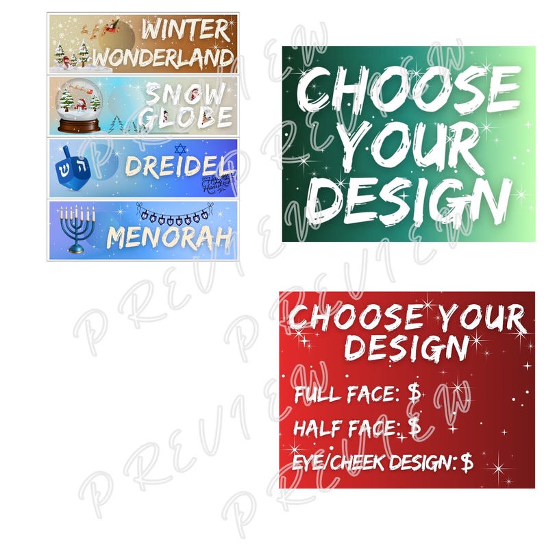 Christmas, Winter Holiday Face Paint Word Menu: 36 Designs, Choice ...