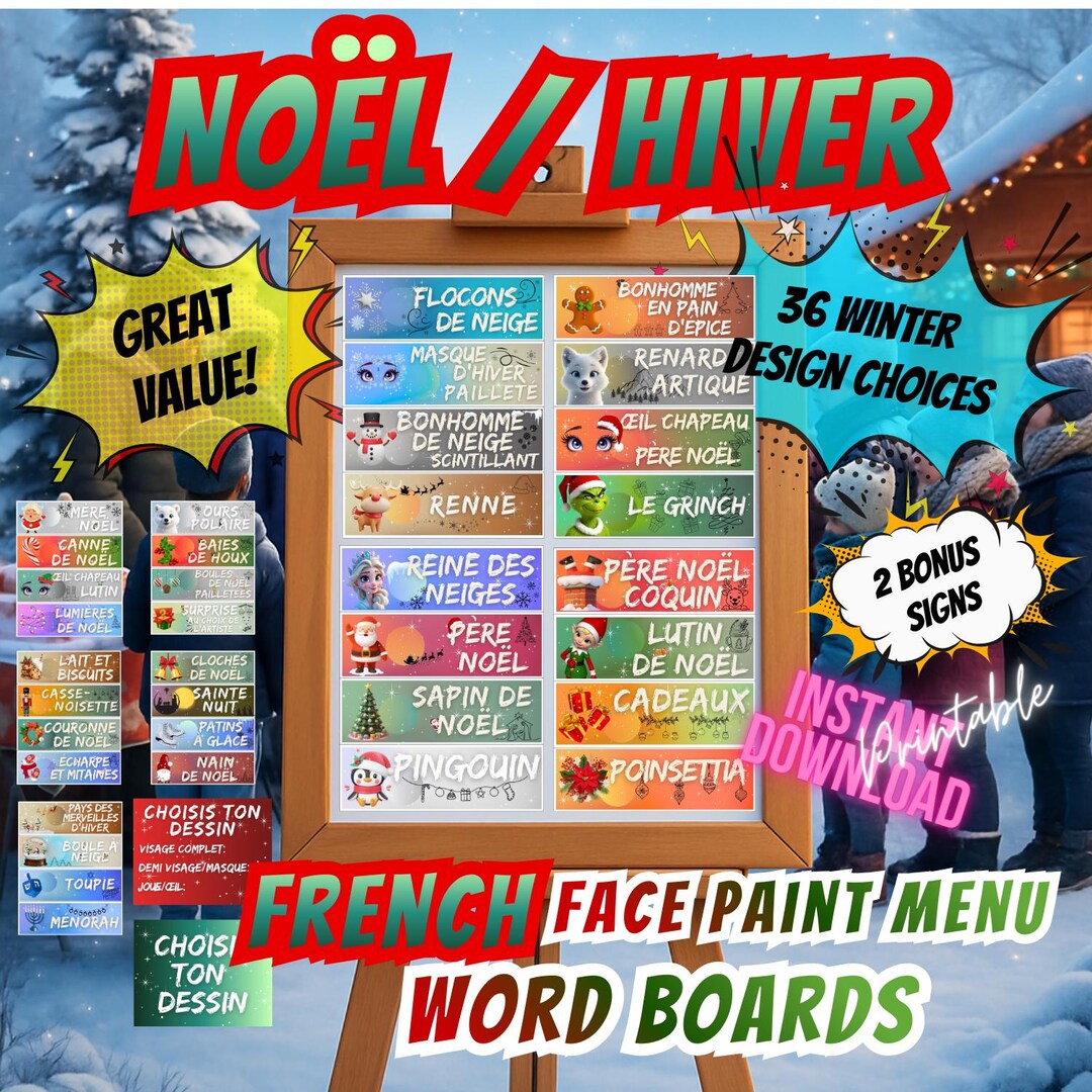 FRENCH Face Paint Word Menu Christmas, Winter Holiday Edition: 36 ...
