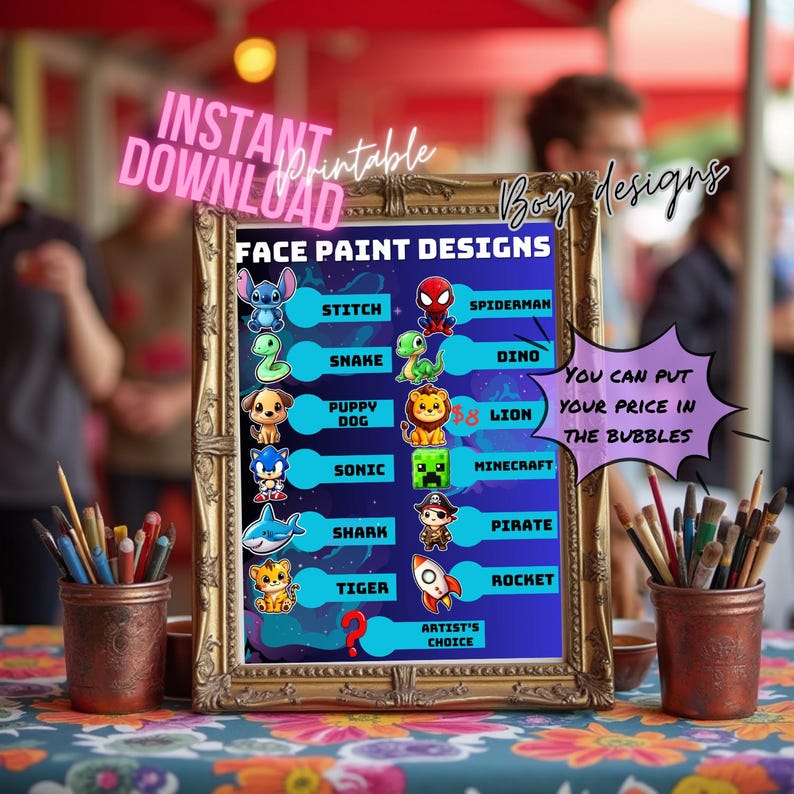 Face Paint Menu Board: Boys & Girls Designs (digital Download) - Etsy