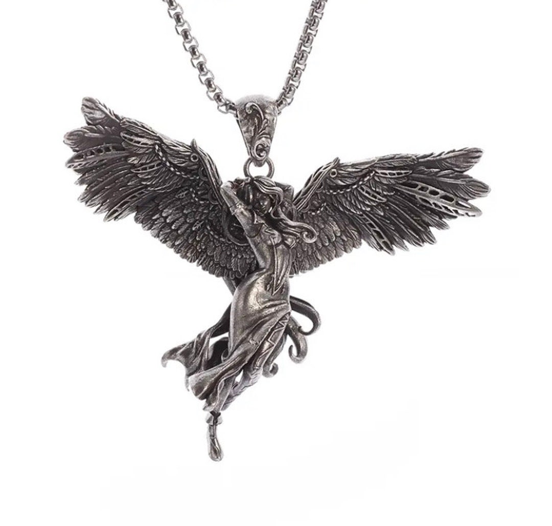 Winged Angel Goddess Retro Evil Demon Fallen Silver Angel Wings Pendant ...