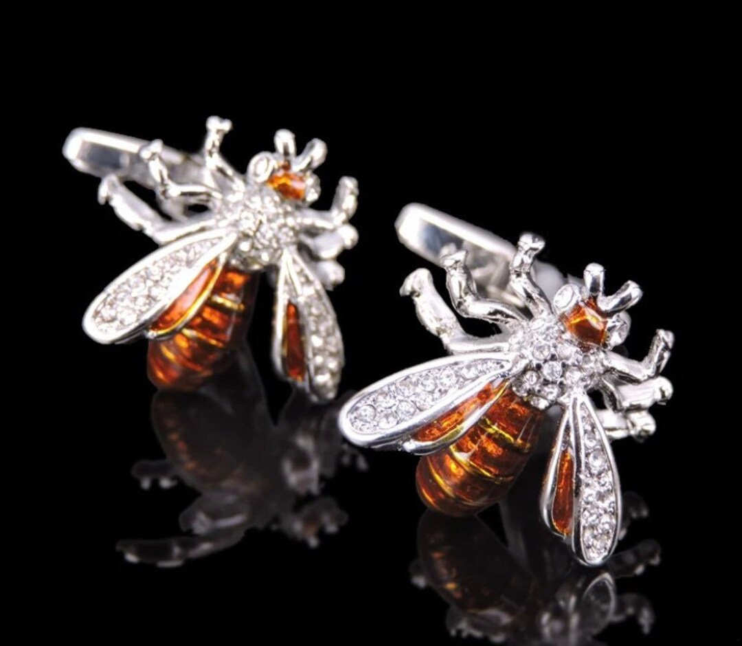 Hornet Bee Cufflinks Crystal Amber Bee Cuff Links Mens Silver Gold ...