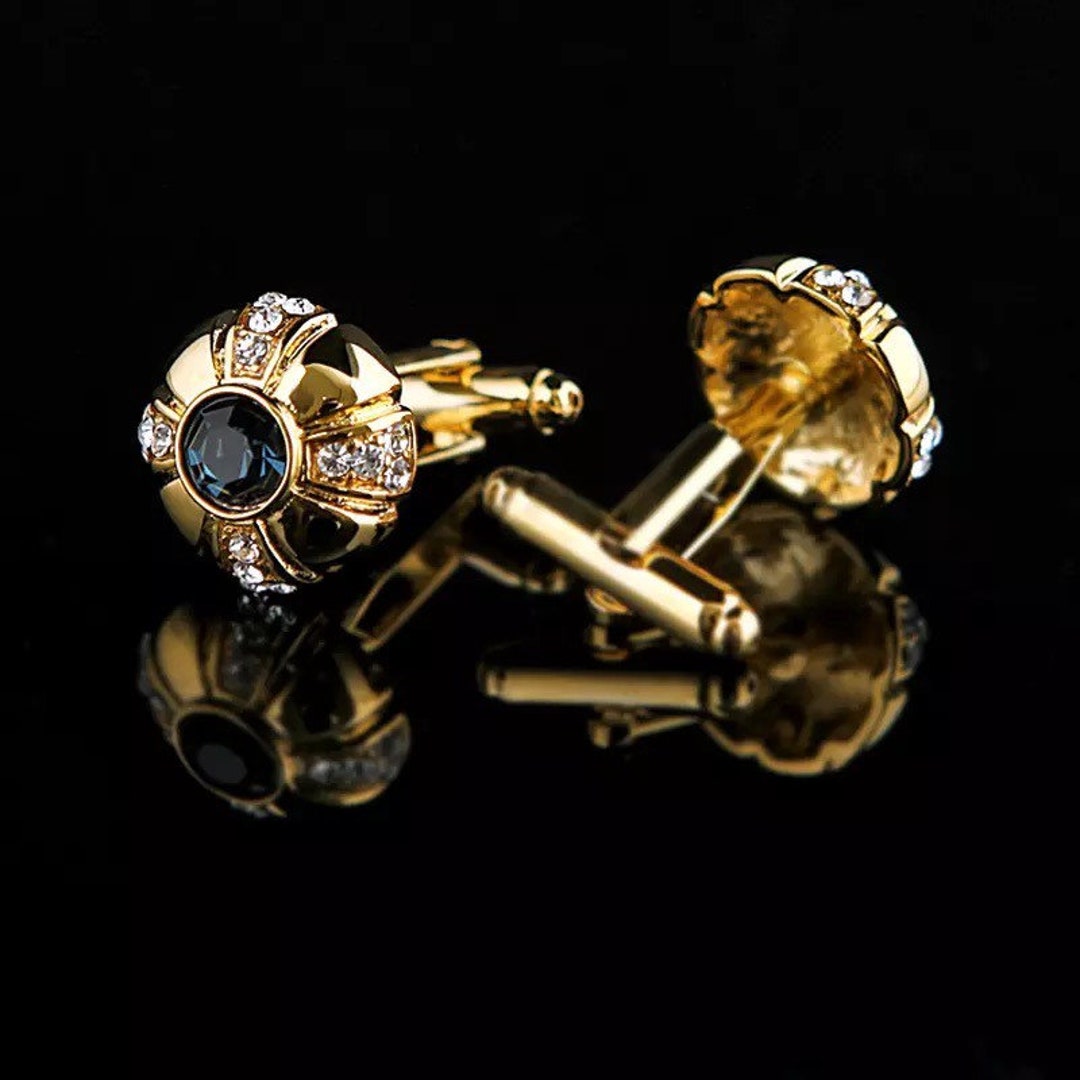 Golden Blue Crystal Cufflinks/ Gold Vintage Mens Cufflinks/ Initials ...