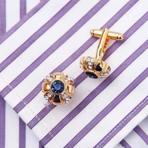 Golden Blue Crystal Cufflinks/ Gold Vintage Mens Cufflinks/ Initials ...
