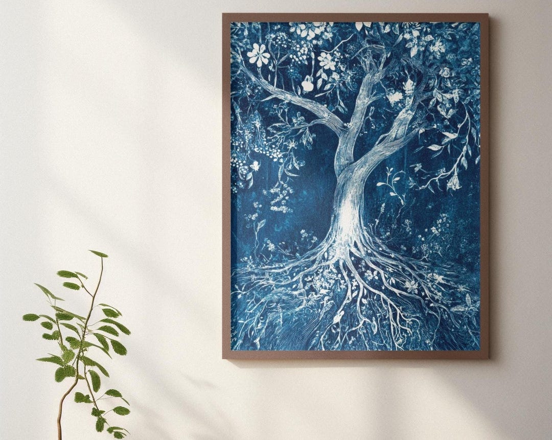 Surreal Cyanotype Tree Digital Art – Vintage Linocut Style – Dreamlike ...