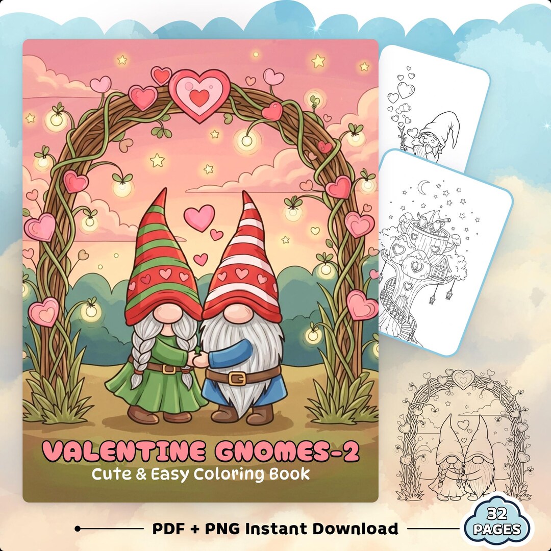 Valentine Gnome Coloring Book, Romantic Couple Pages, Printable PDF for ...