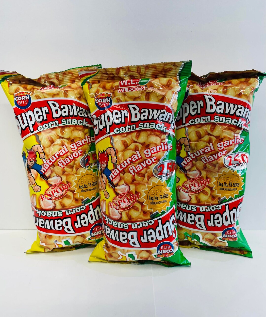 W.L Foods Super Bawang Corn Snack Garlic Flavored X 3 Bags 250 Grams ...