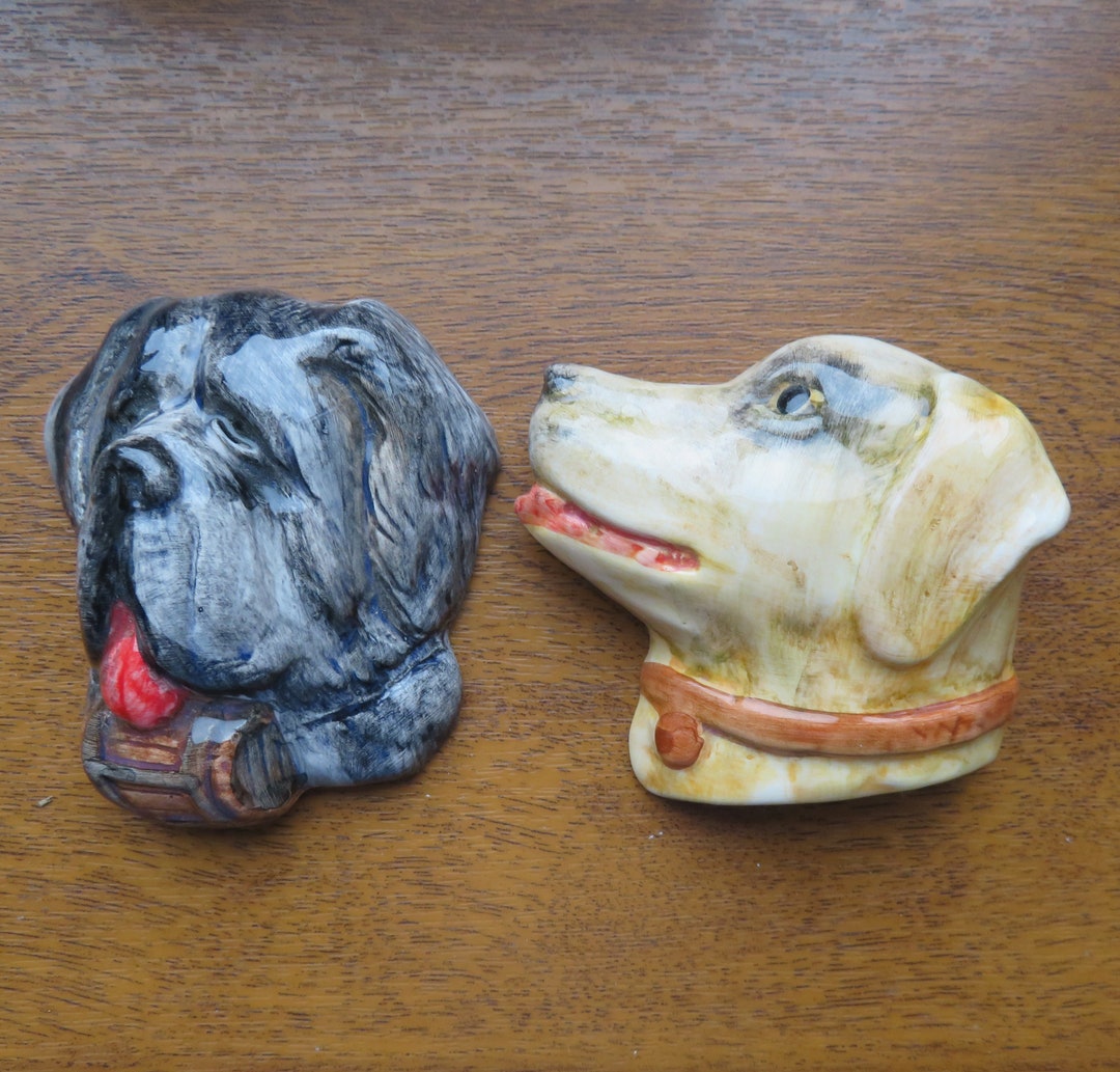 St Bernard and Labrador Dog Head Wall Plaques in Glazed Porcelain, Dog ...