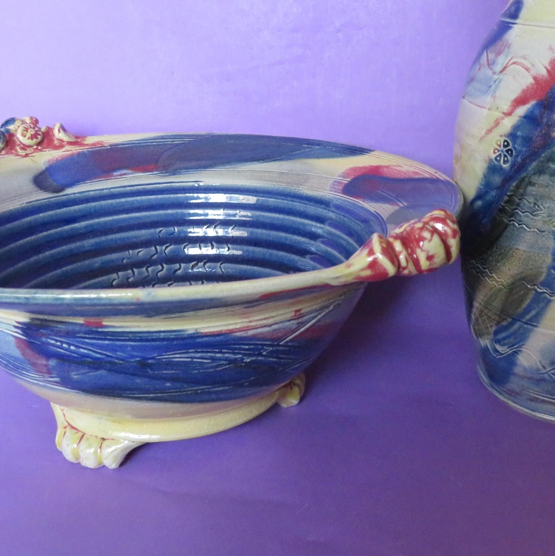Michael Kennedy Pottery Large Bowl With Fish & Waves Decoration, Irish ...