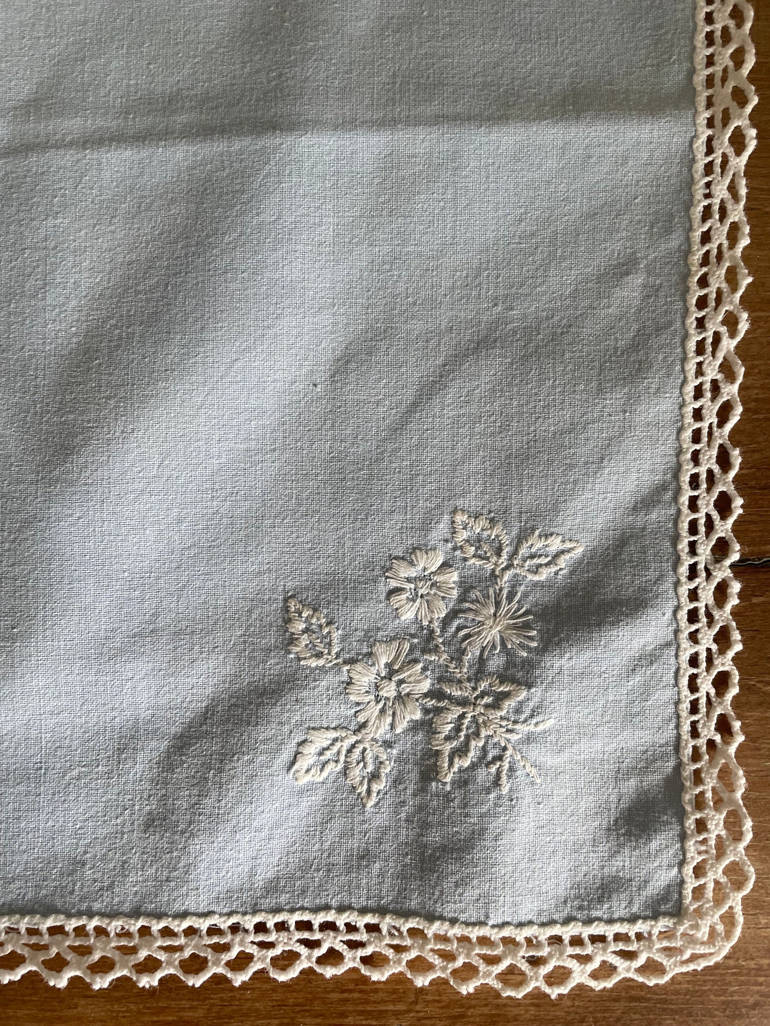 Vintage Blue Linen Tray Cloth/ Placemat, With White Floral Embroidery ...