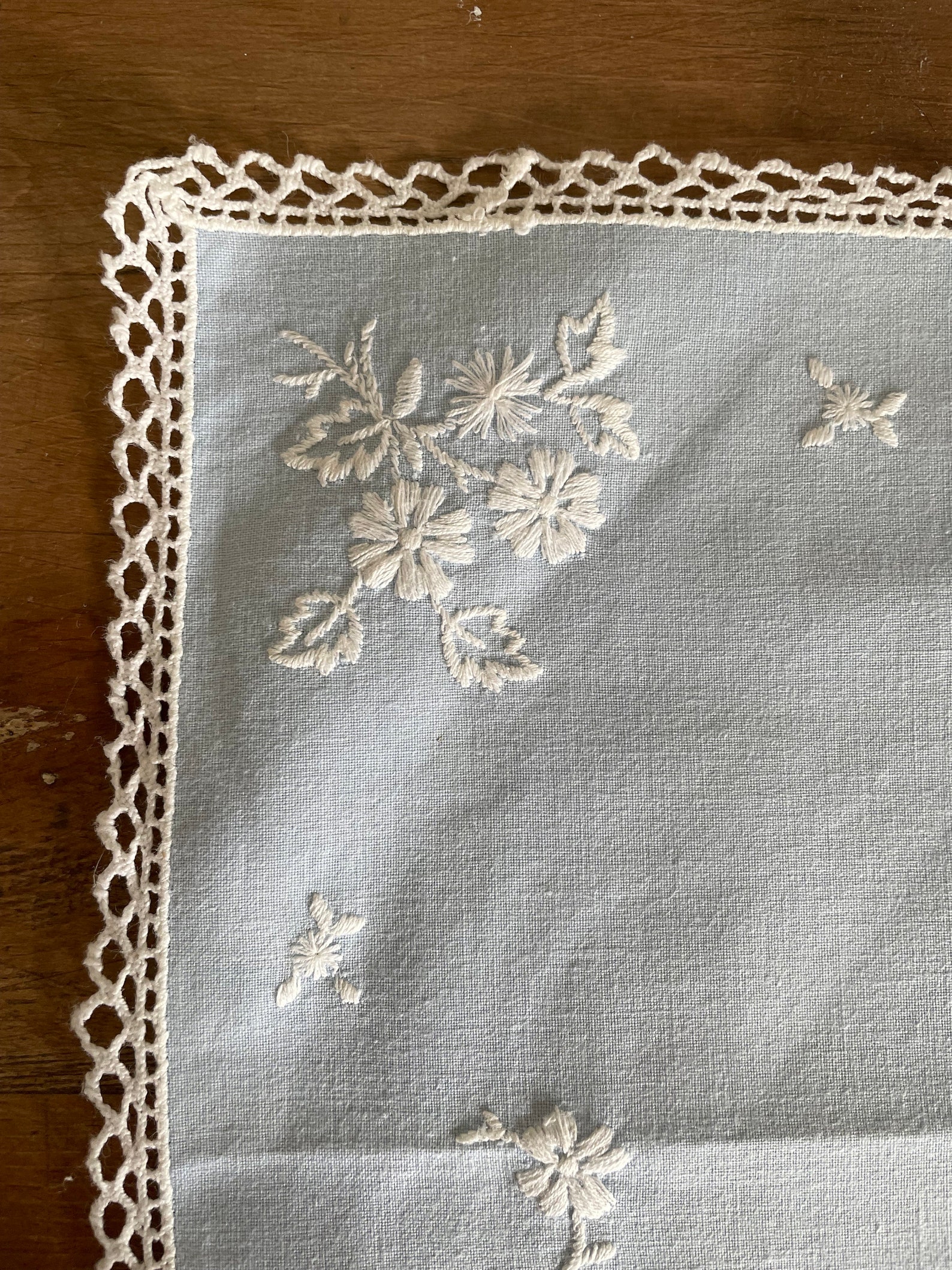 Vintage Blue Linen Tray Cloth/ Placemat, With White Floral Embroidery ...