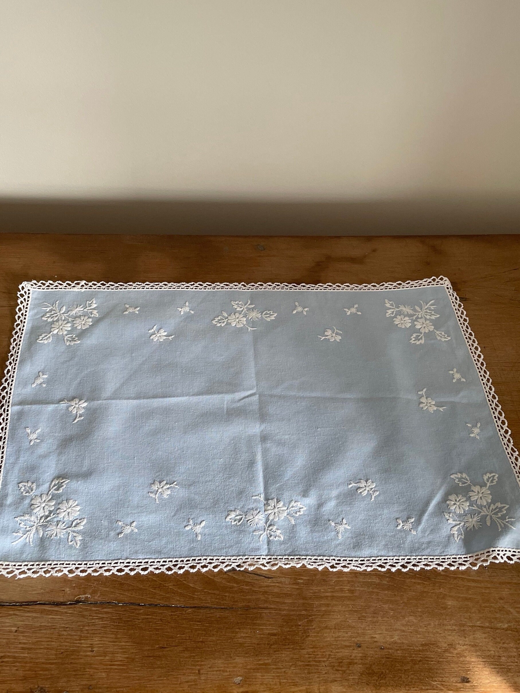 Vintage Blue Linen Tray Cloth/ Placemat, With White Floral Embroidery ...