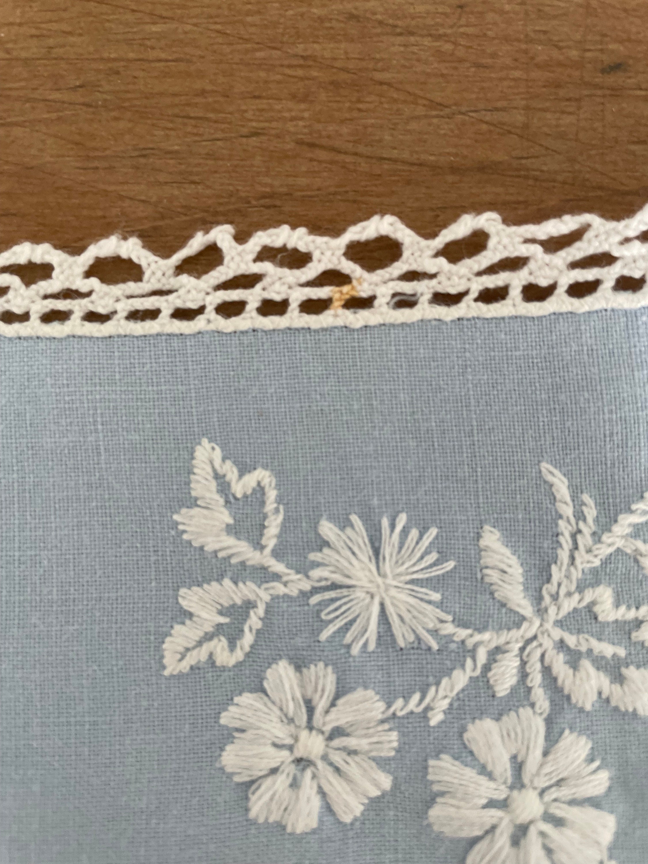 Vintage Blue Linen Tray Cloth/ Placemat, With White Floral Embroidery ...