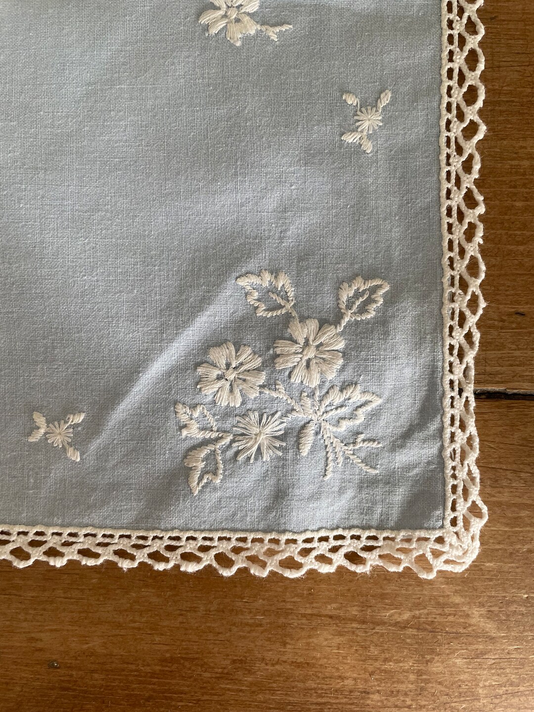 Vintage Blue Linen Tray Cloth/ Placemat, With White Floral Embroidery ...