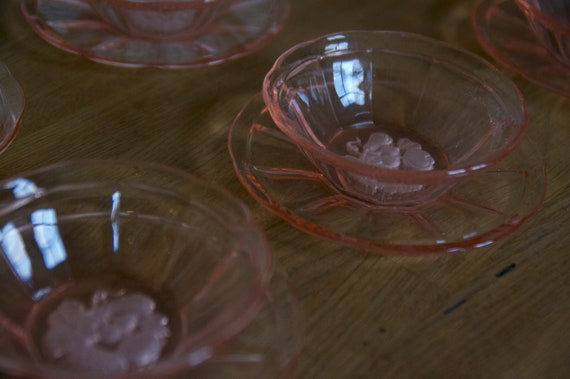 6 x vintage pink glass dessert bowls and matching plates with | Etsy