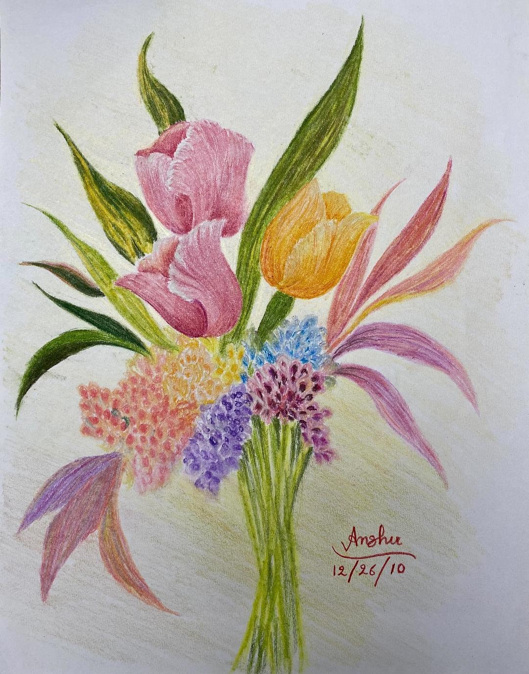 A Beautiful Colored Pencil Drawing of a Tulip Bouquet - Etsy