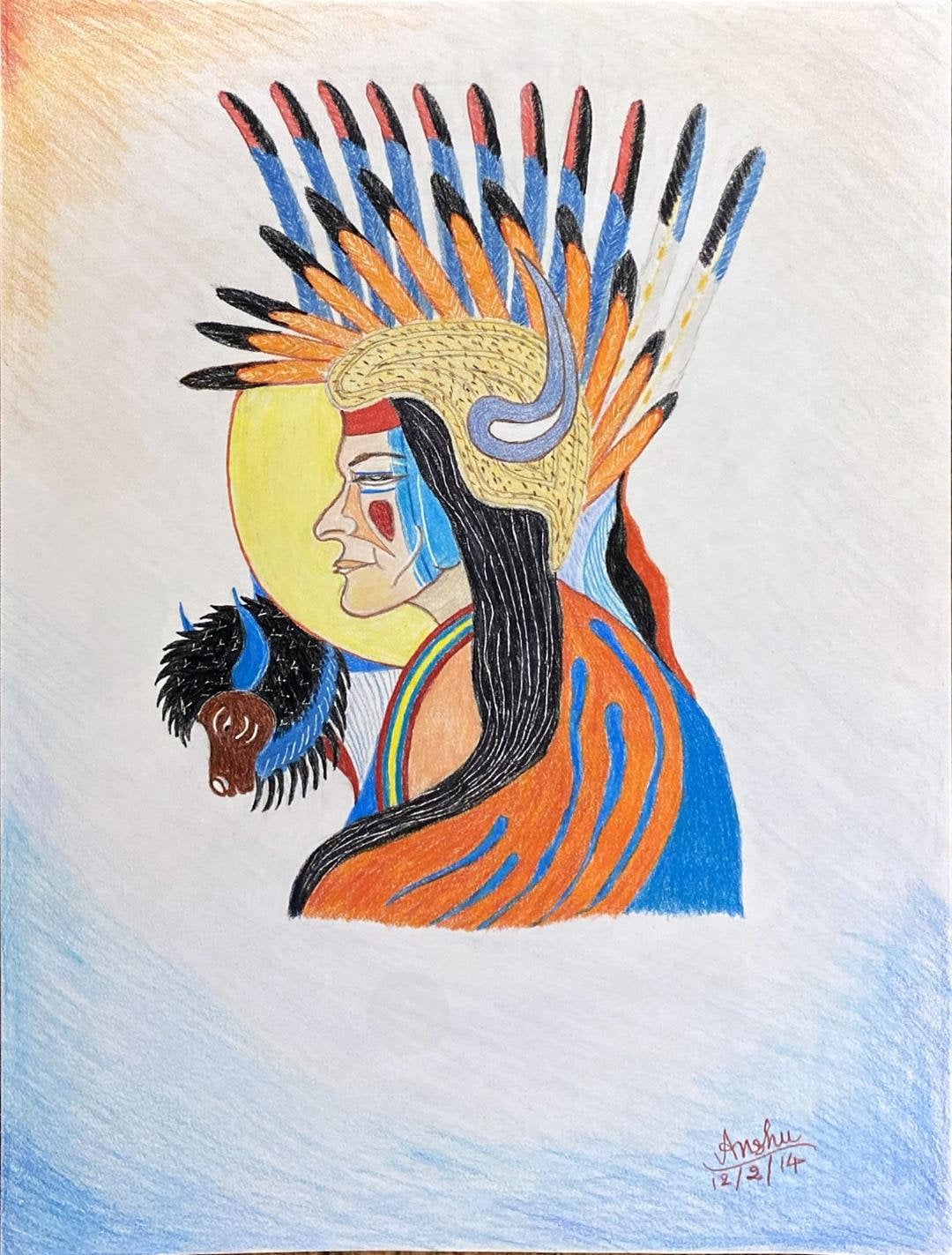 A Colored Pencil Drawing of a Native American Warrior - Etsy