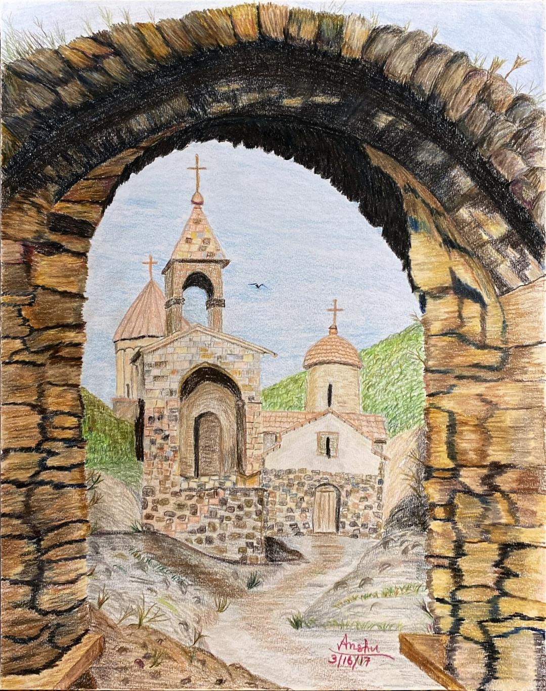 A Beautiful Colored Pencil Drawing of a Monastery - Etsy