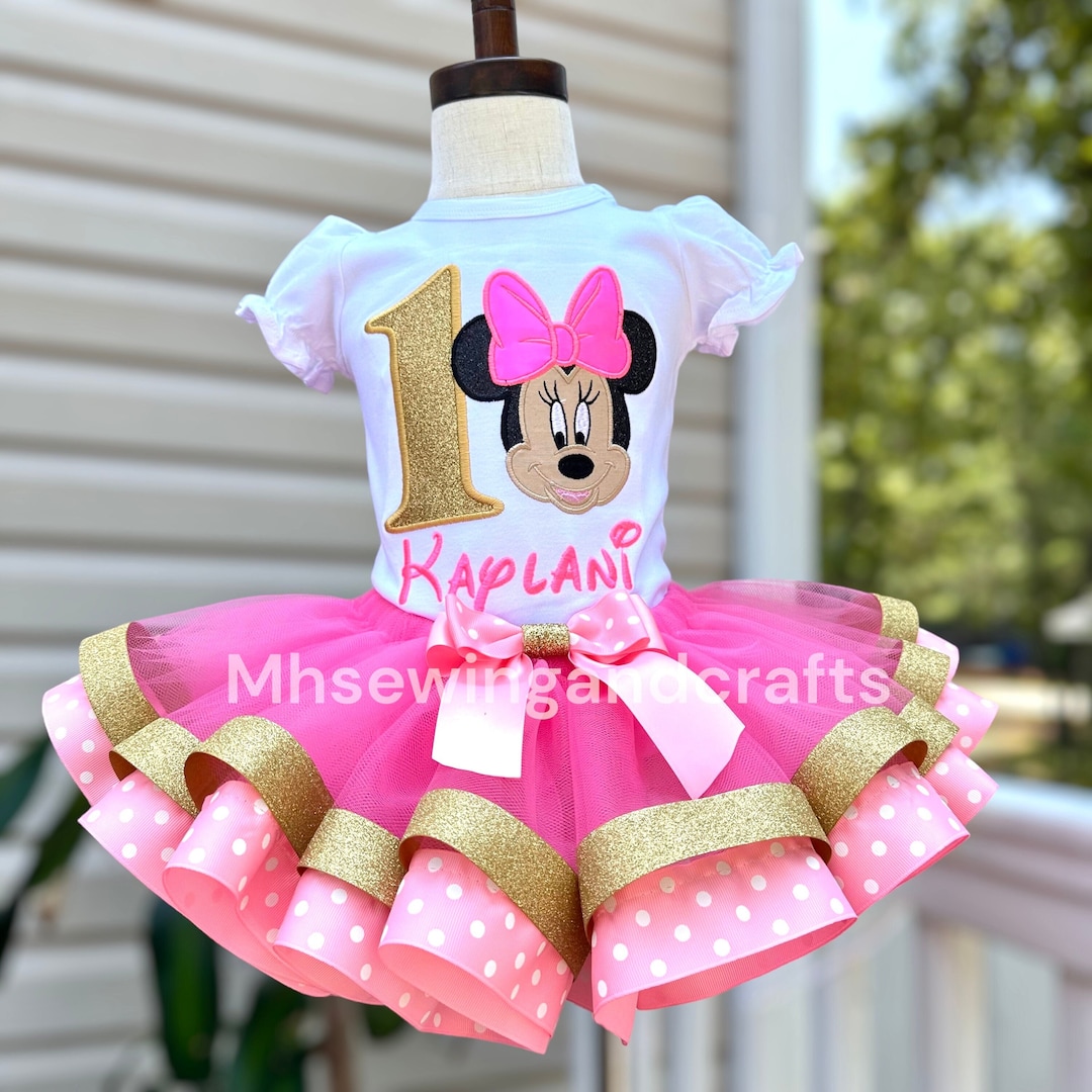 Minnie Shirt and Tutu Set, Hot Pink, Gold Minnie Birthday Outfit ...