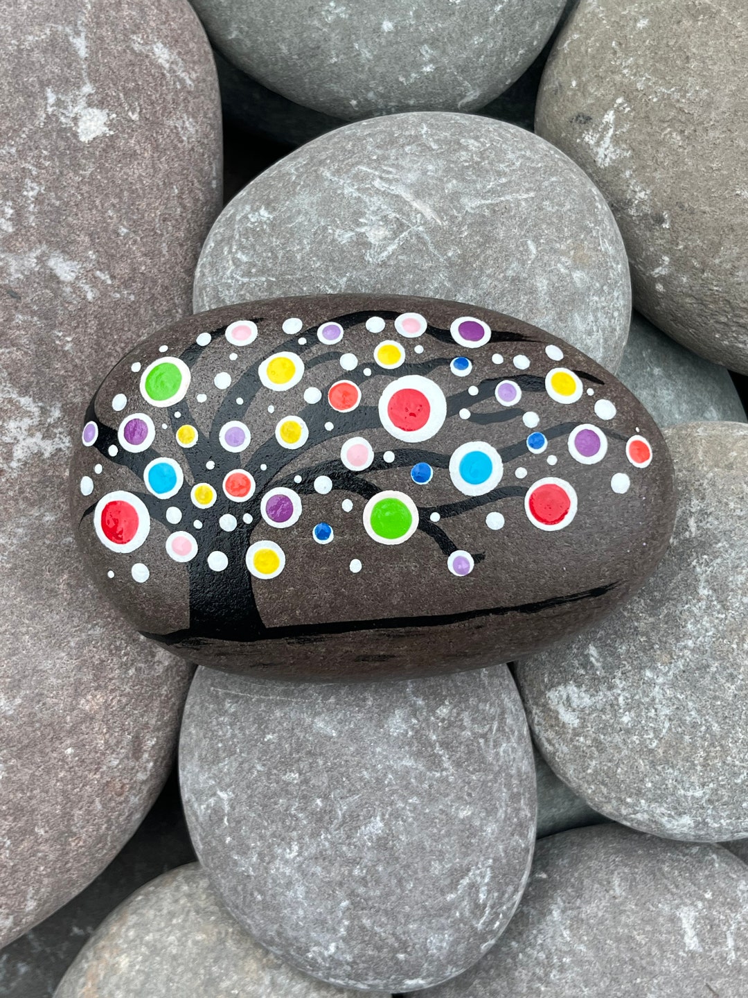 Small Hand Painted Tree of Life Stone Mandala Unique - Etsy