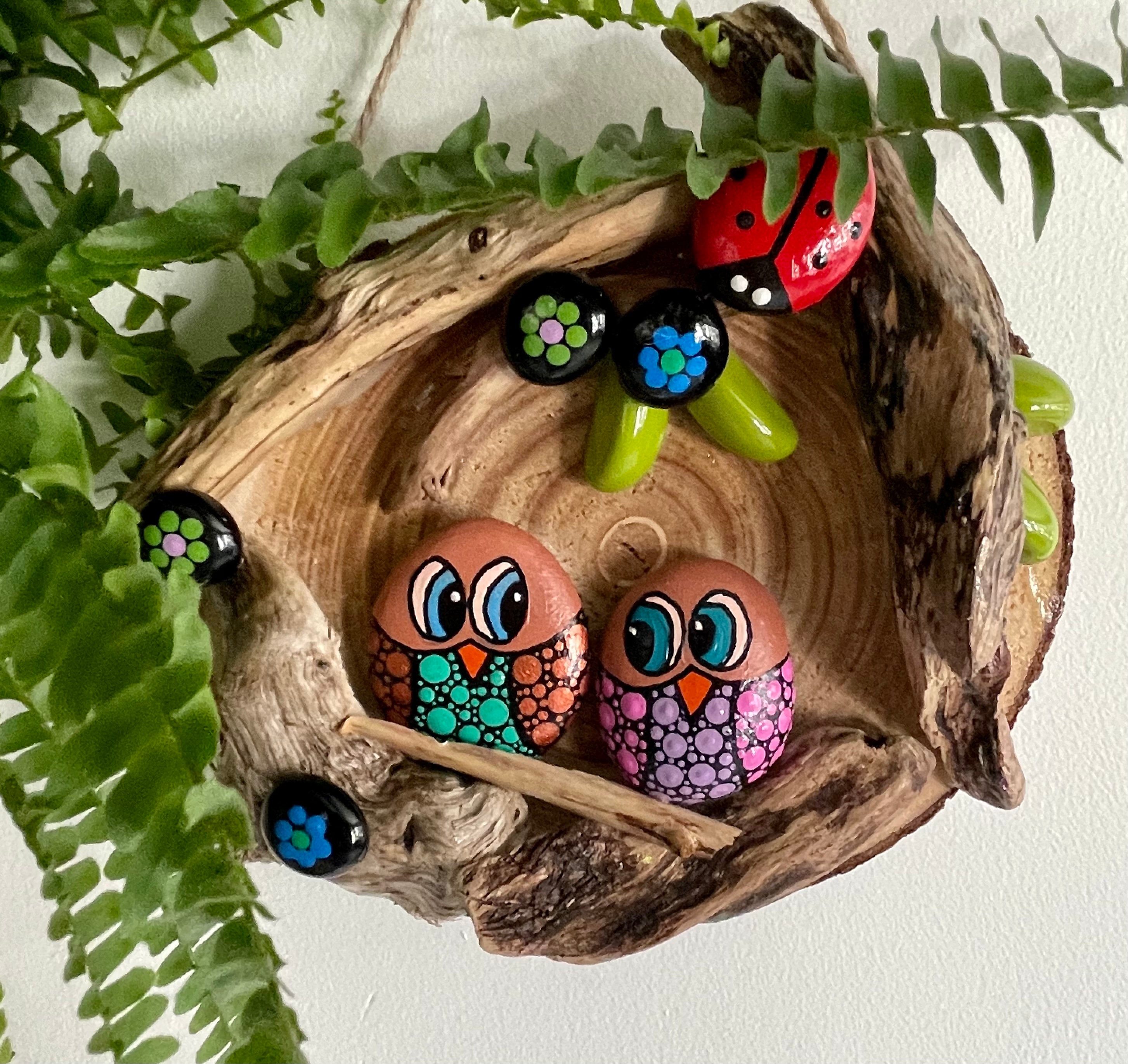 Hand Painted Pebble Art Owl Ornament – Rustic Wood Slice Decor - Etsy