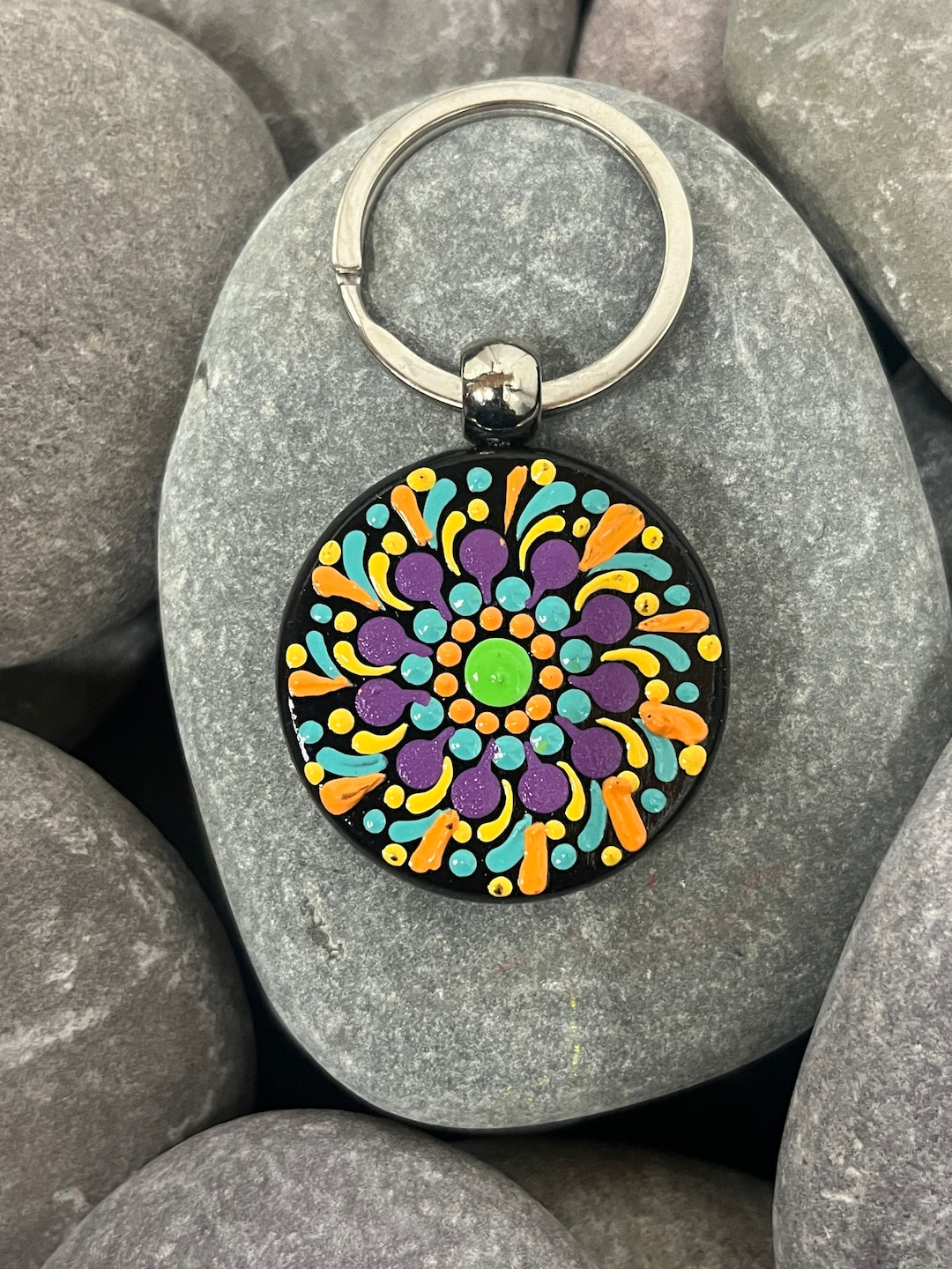 Hand Painted Mandala Keychain Wooden Keyring Hand Made Unique Painted ...