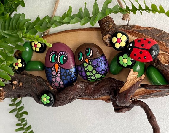 Wooden Slice Pebble Art Hand Painted Pebble Art Rustic | Etsy