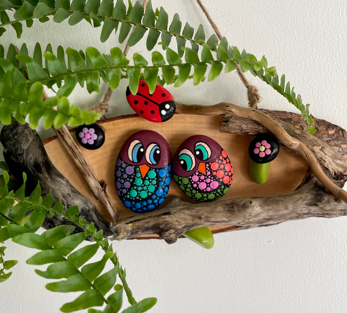 Wooden Slice Pebble Art Hand Painted Pebble Art Rustic - Etsy