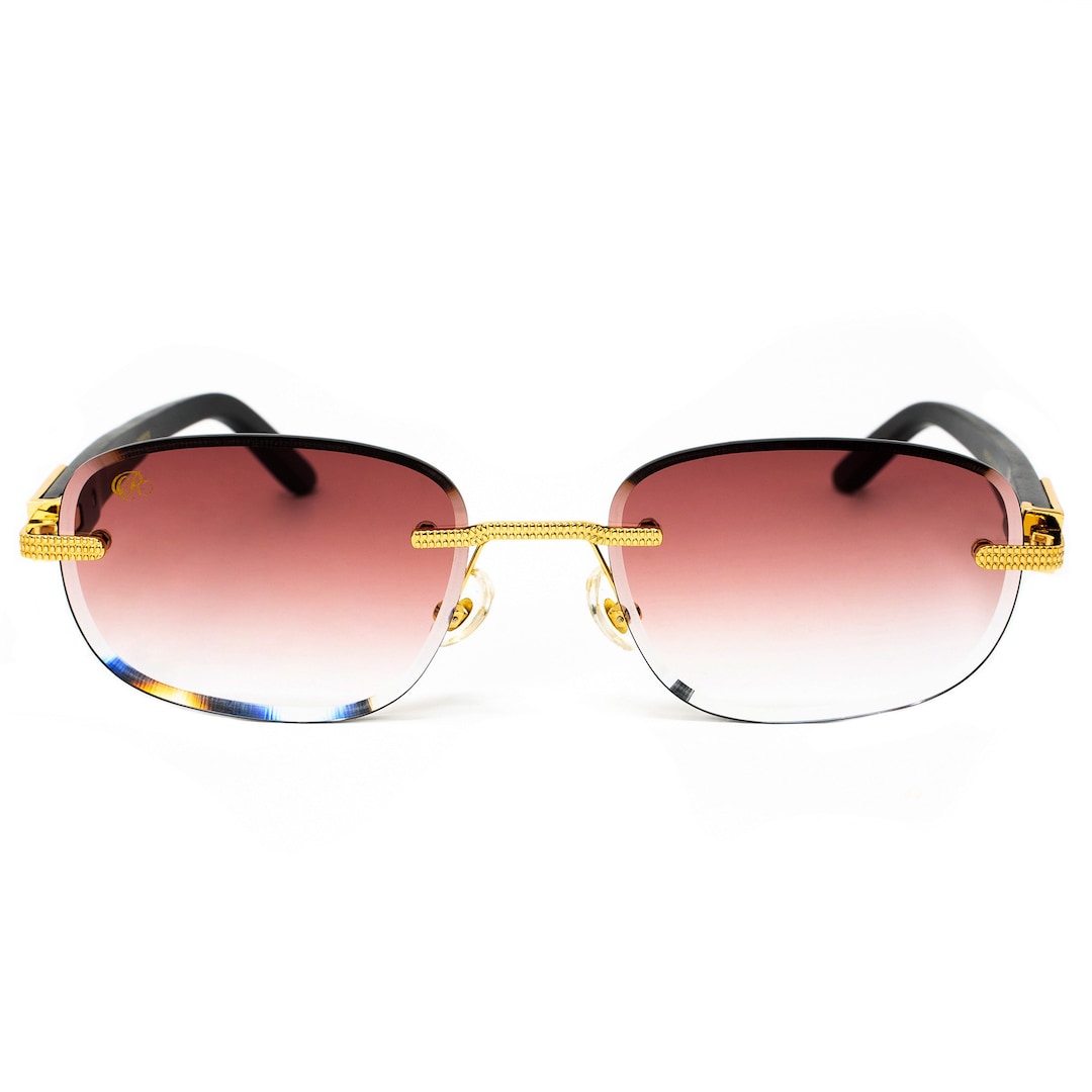 Red Tint Rimless Sunglasses | Gold Metal, Round Lens, Spring Hinge ...