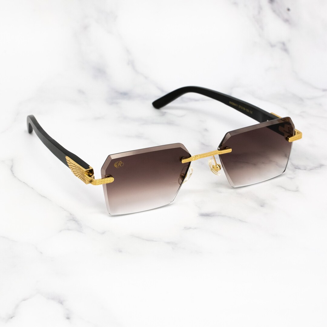 Luxury Rimless Sunglasses Dark Brown Tinted Vintage Style Etsy