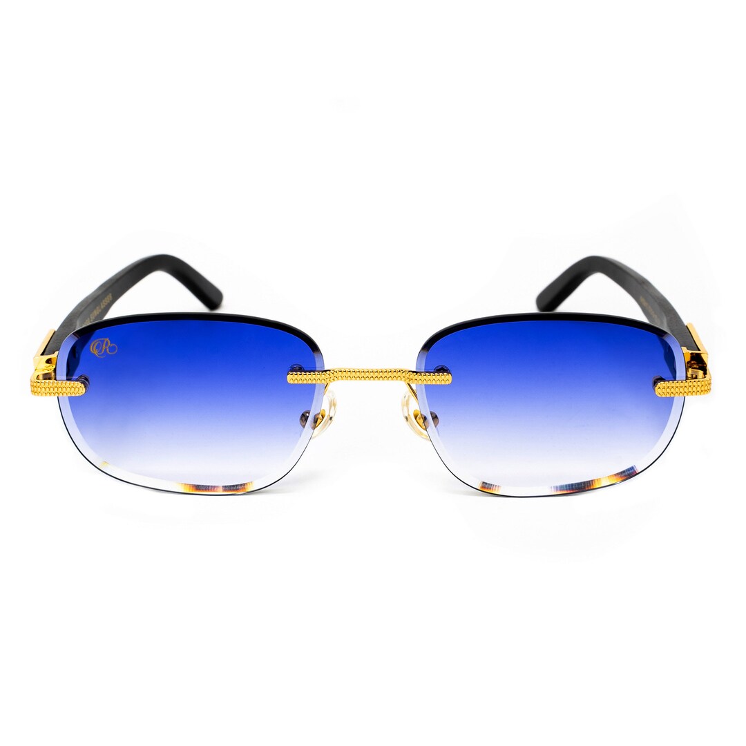 Blue Tint Rimless Sunglasses | Gold Metal, Round Lens, Spring Hinge ...