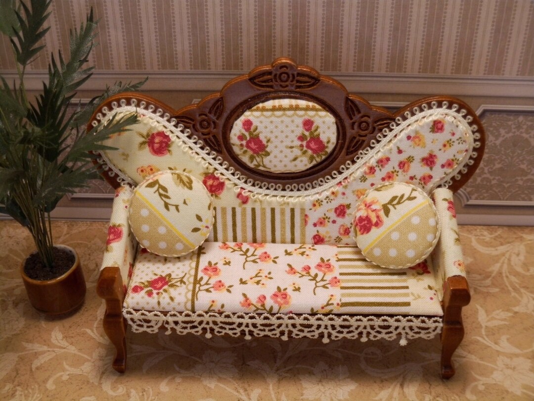 Sofa Miniature Fancy Beige and Tan With Red & Orange Roses Patchwork Miniature Couch Dollhouse ...