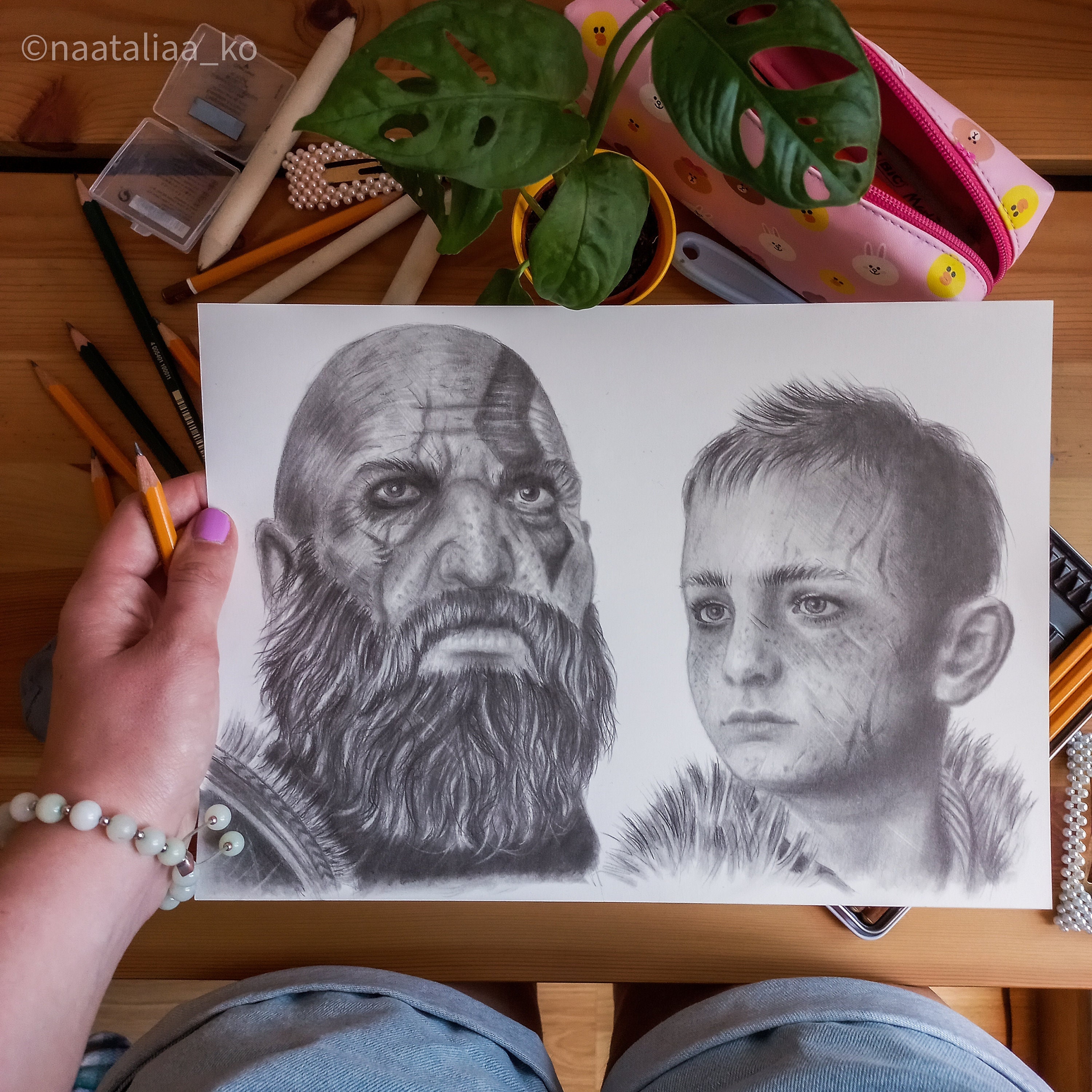 Kratos Atreus God of War Original Portrait Drawing Pencil Fanart Santa ...