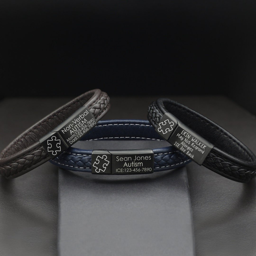 Autism Alert Id Bracelet, Black Stainless Autism Personalized Id ...
